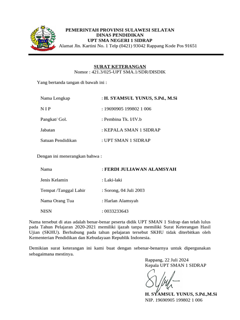 Surat Keterangan Belum Terbit Skhu | PDF