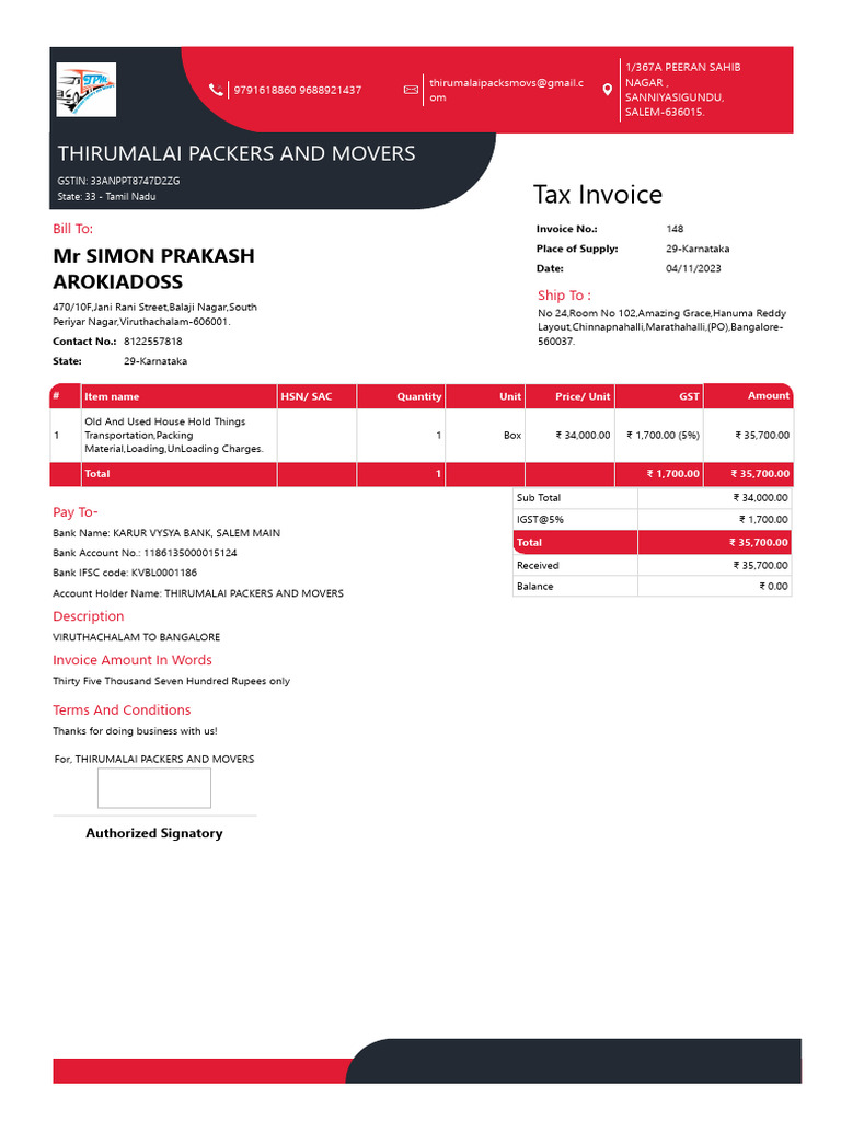 Viruthachalm TO Bangalore Invoice | PDF | Invoice | Taxes