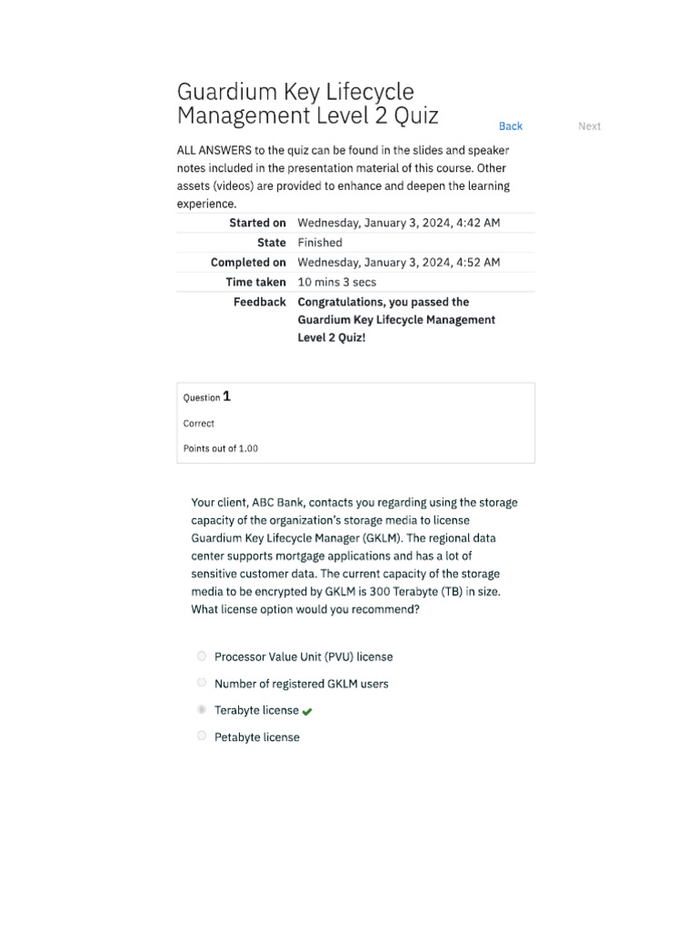 Guardium Key Lifecycle Management Level 2 Quiz - passed 24 | PDF Guardium Key Lifecycle Management Level 2 Quiz - passed 24 | PDF