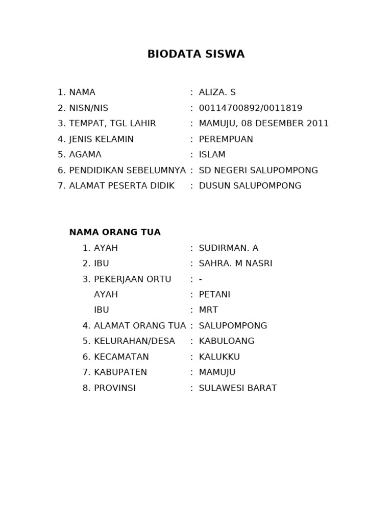 BIODATA SISWA ALIZA | PDF