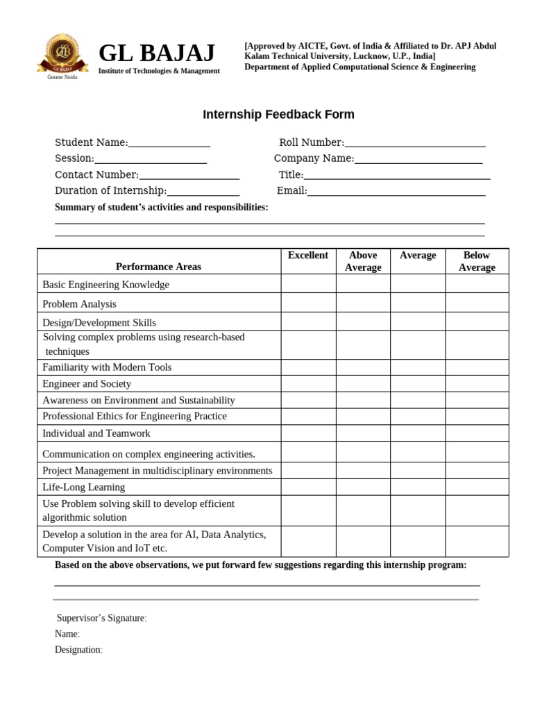 Internship Feedback Form-AI | PDF