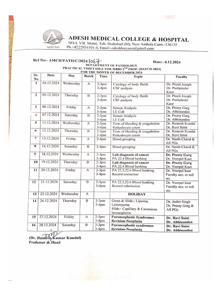 Revised Theory and Practical Roster MBBS Batch 2023 | PDF