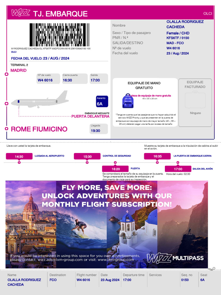 Tarjeta de Embarque W4 6016 MAD-FCO | PDF | Aviación | Aeronave