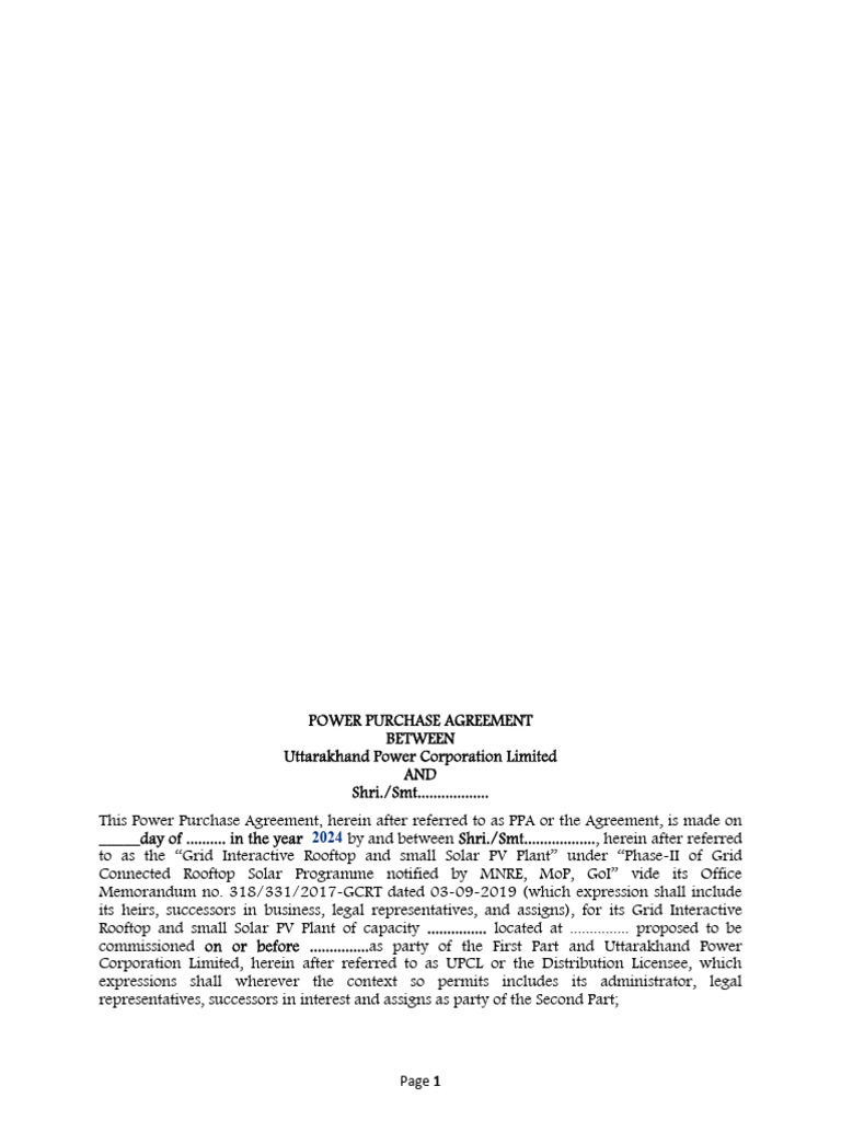 PPA FORMAT OF ROOFTOP SOLAR (PM-Suryaghar Muft Bijli Yojana) | PDF ...