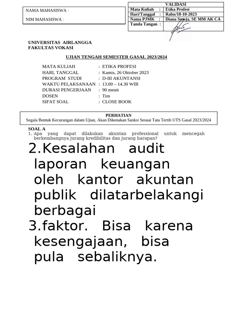 Soal UTS Etika Profesi 2023 | PDF