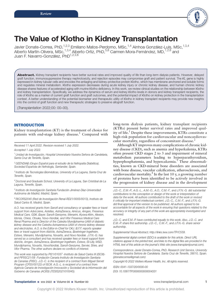 The Value of Klotho in Kidney Transplantation | PDF | Chronic Kidney ...