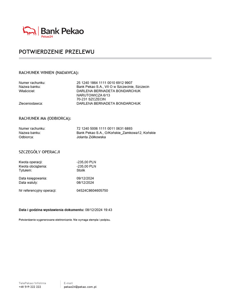 Potwierdzenie Przelewu: Rachunek Winien (Nadawca) | PDF