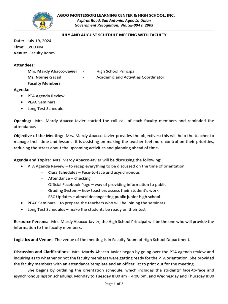 July and August Schedule | PDF | Teaching | Learning