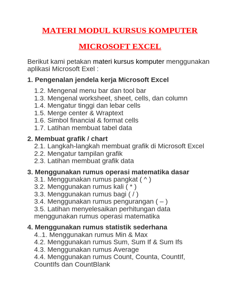 Materi Modul Kursus Komputer Microsoft Excel 2010 | PDF