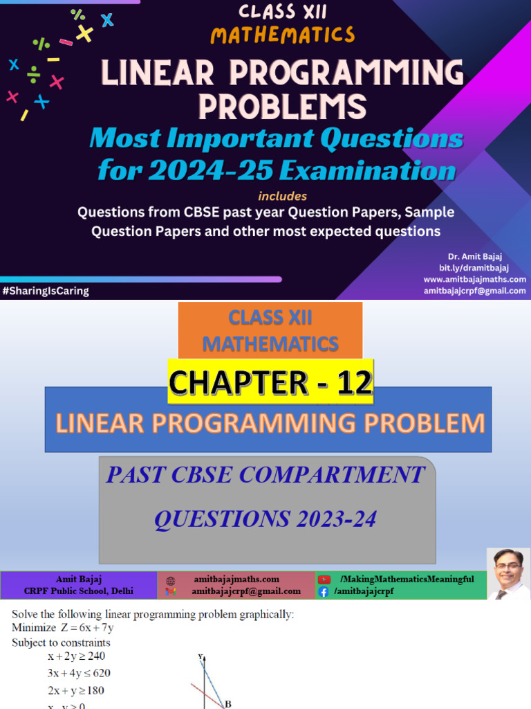 12. Class XII LINEAR PROGRAMMING PROBLEMS Most Important Questions for 2024-25 Examination (Dr ...