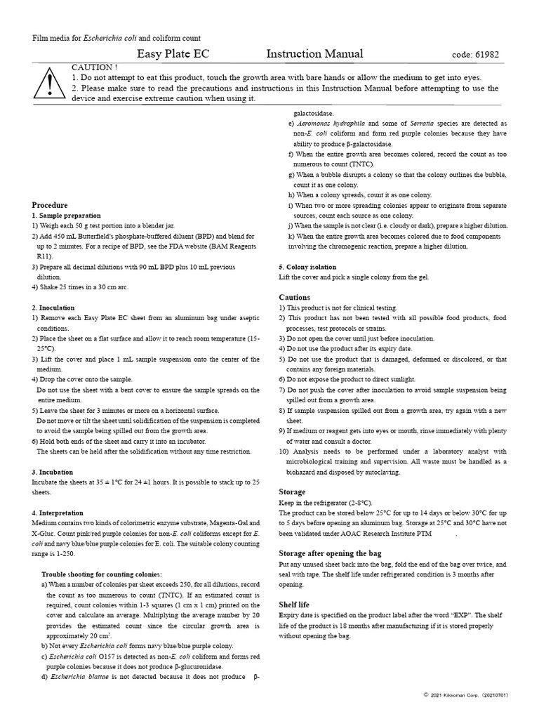 Easy Plate EC: E. coli Testing Guide | PDF