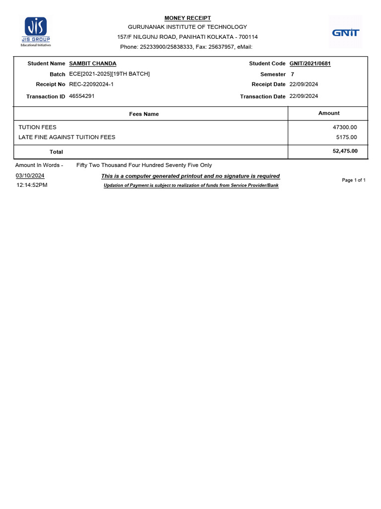 7th Sem Tution Fees | PDF