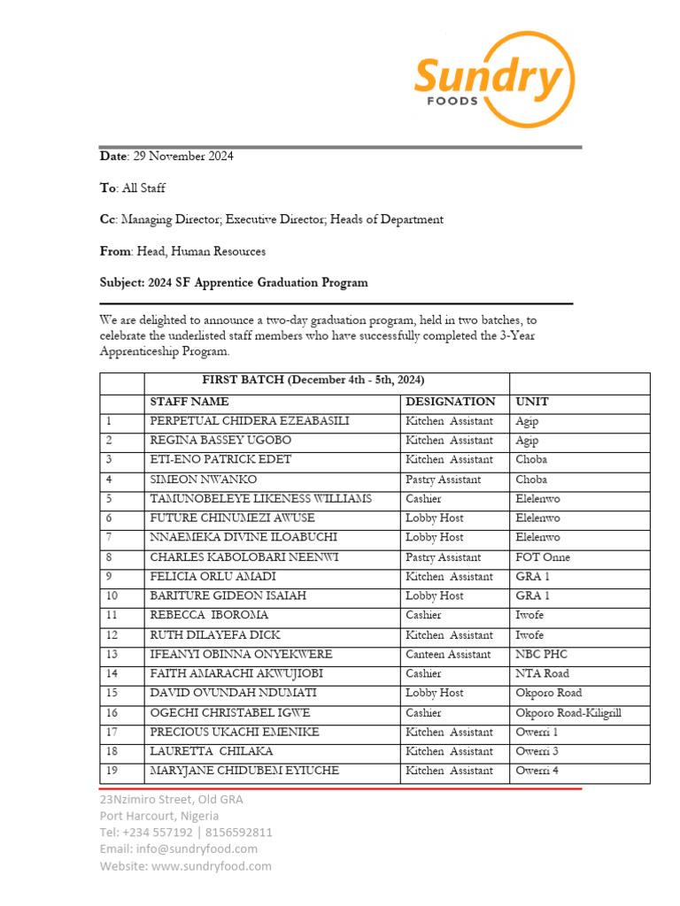 Memo - 2024 SF Apprentice Graduation Programme | PDF