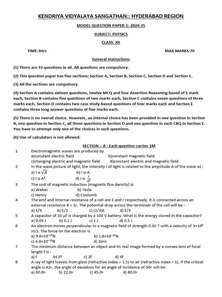 10 Model Question Papers Physics (2024 2025) | PDF | Inductance | Inductor