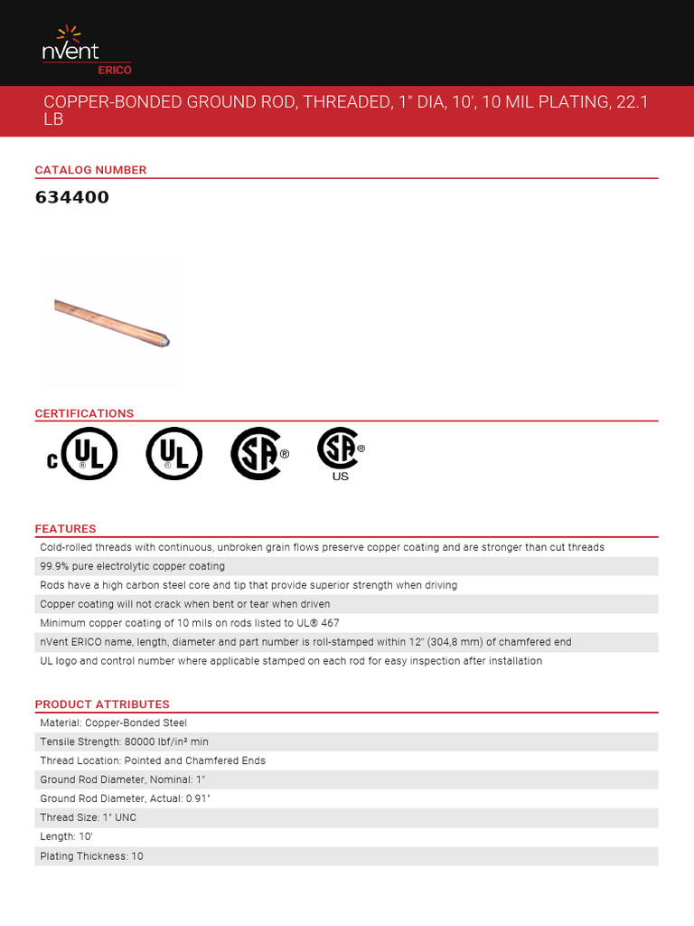 NVent ERICO Copper Bonded Ground Rod Threaded 1 Quot Dia 10 039 10 Mil ...