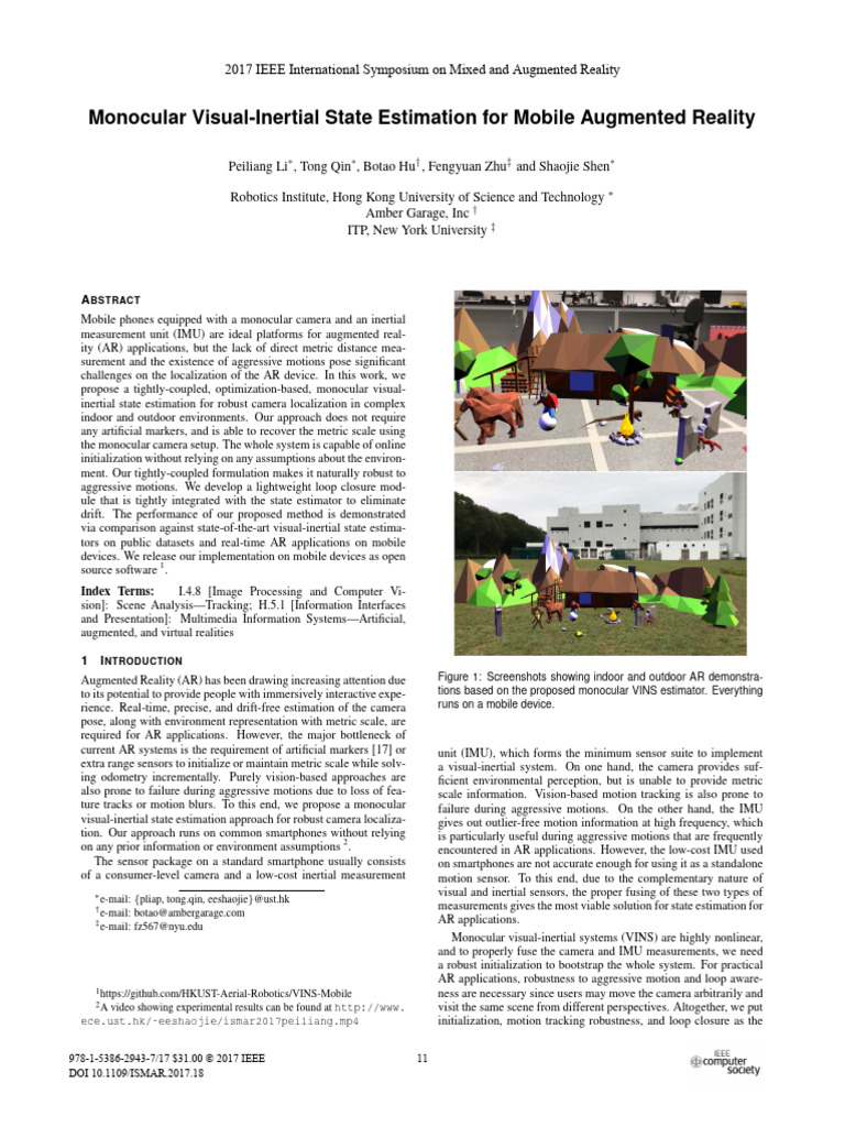 Monocular Visual Inertial State Estimation For Mobile Augmented Reality