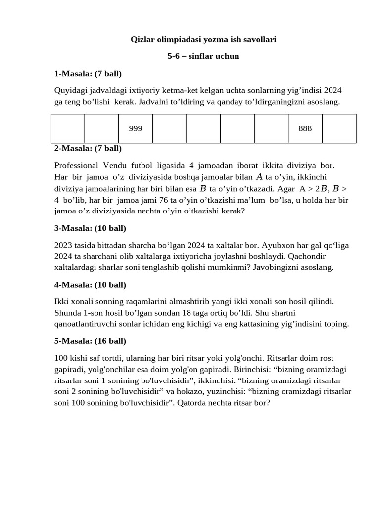 Qizlar Olimpiadasi Yozma Ish Savollari | PDF