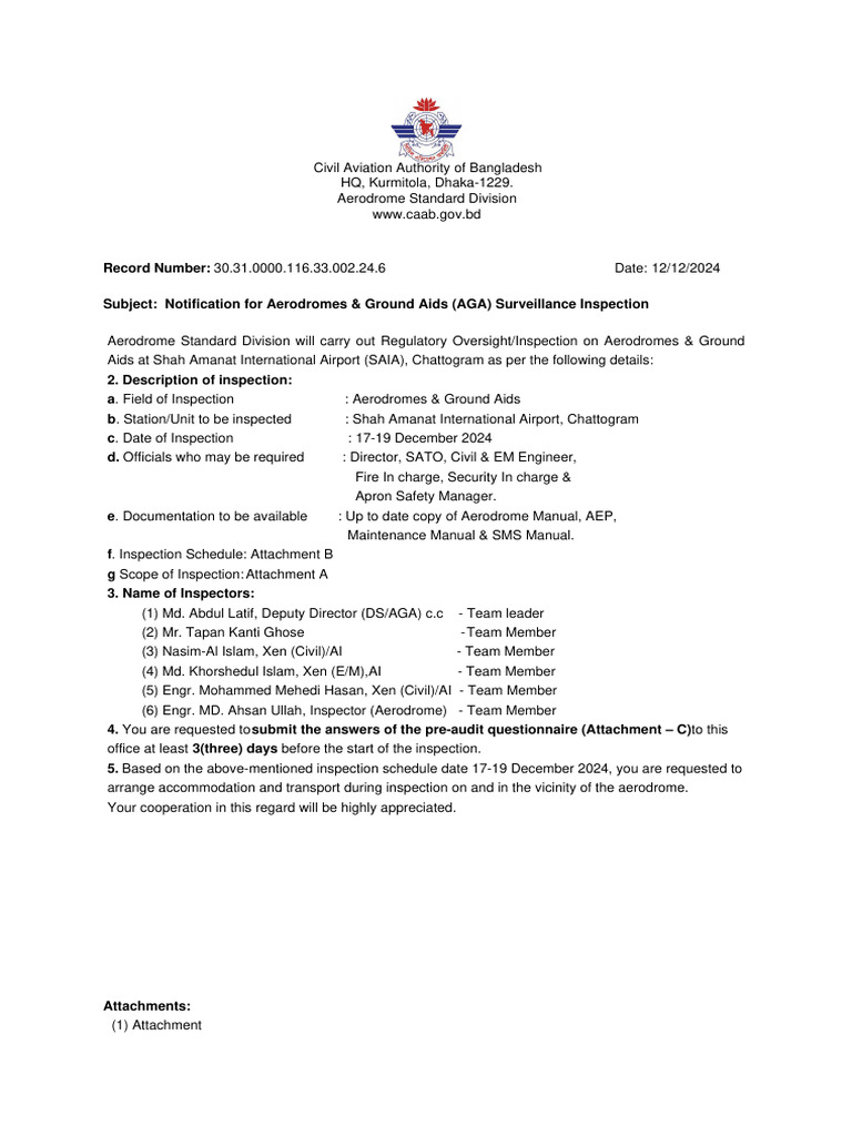 Inspection Notification For SAIA 17-19 Dec 2024 | PDF | Aviation