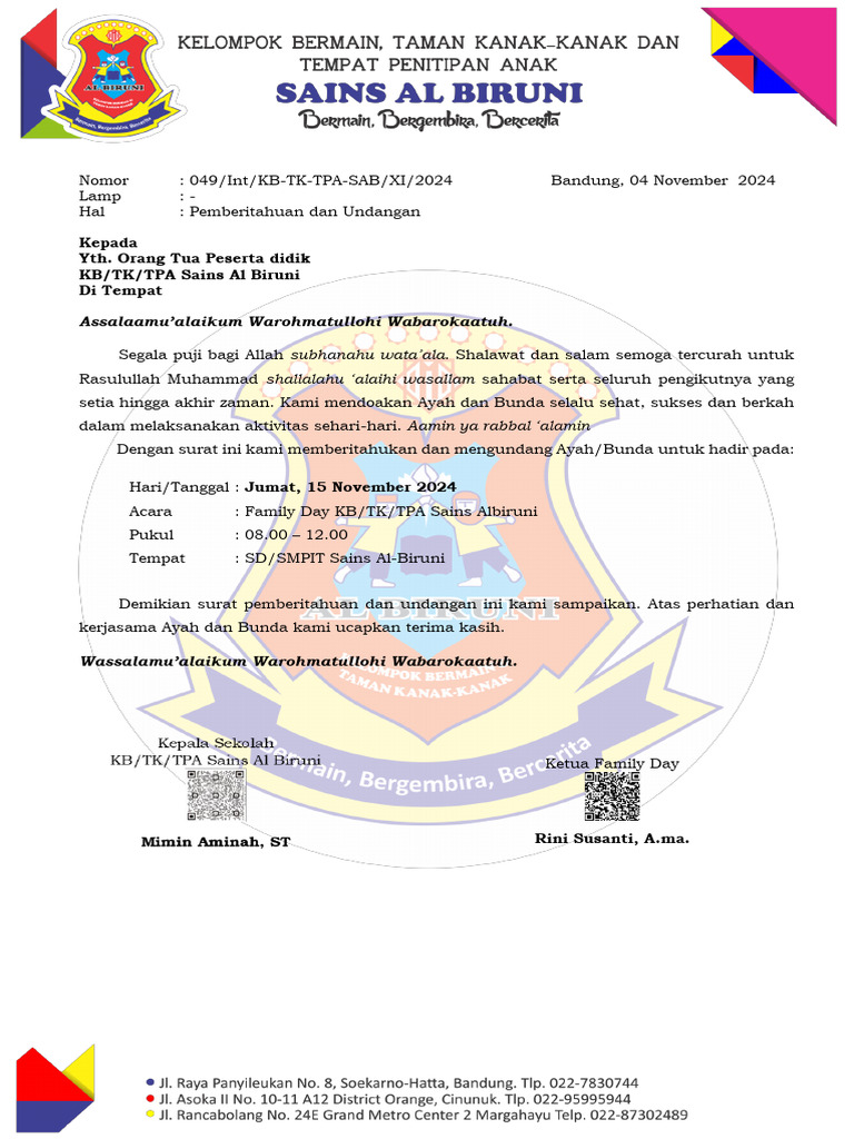 Undangan Family Day Al Biruni | PDF