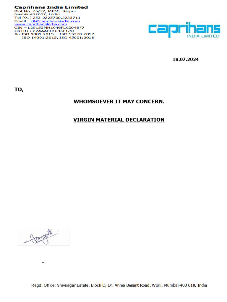 Virgin Material Declaration | PDF