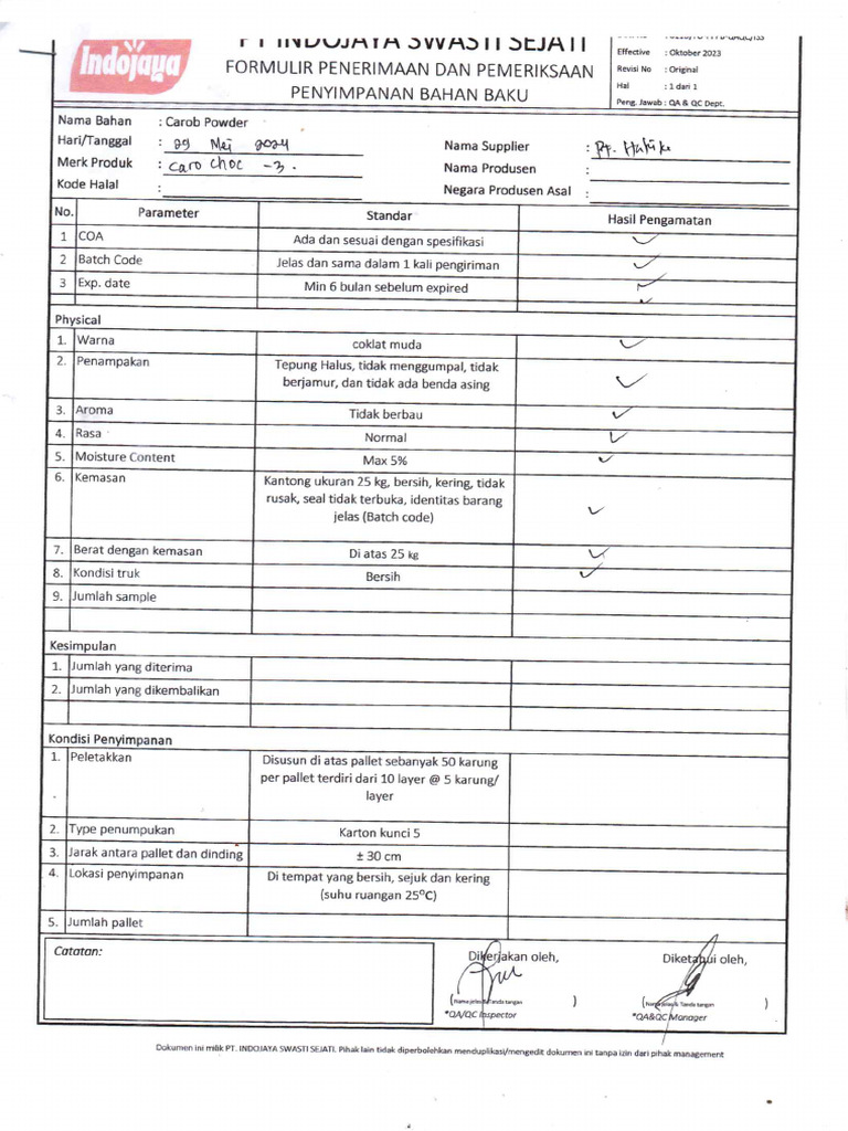 FORM PEMERIKSAAN KEDATANGAN RM ANALISA LAB | PDF