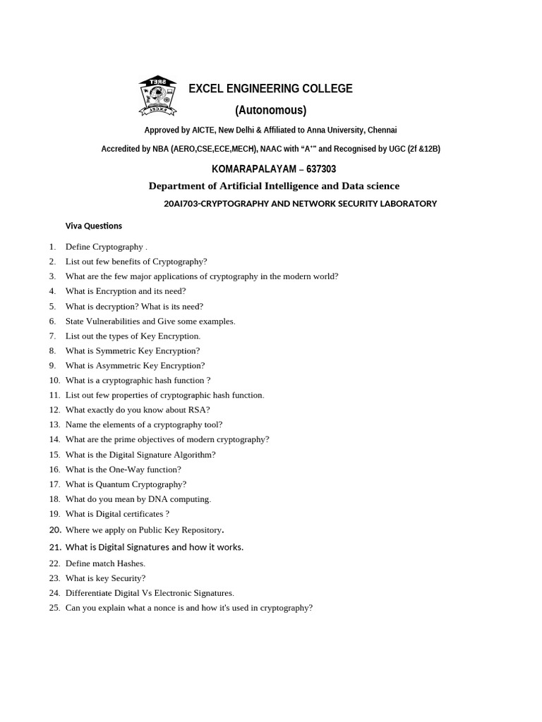 Cryptography Lab Viva Questions Guide | PDF