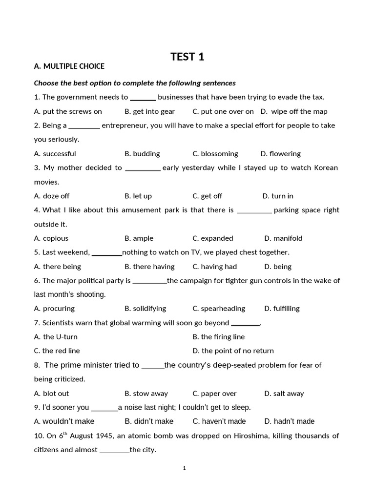 Advanced Grammar Vocabulary Practice Tests 1 15 Đa Chuyển Đổi | PDF ...