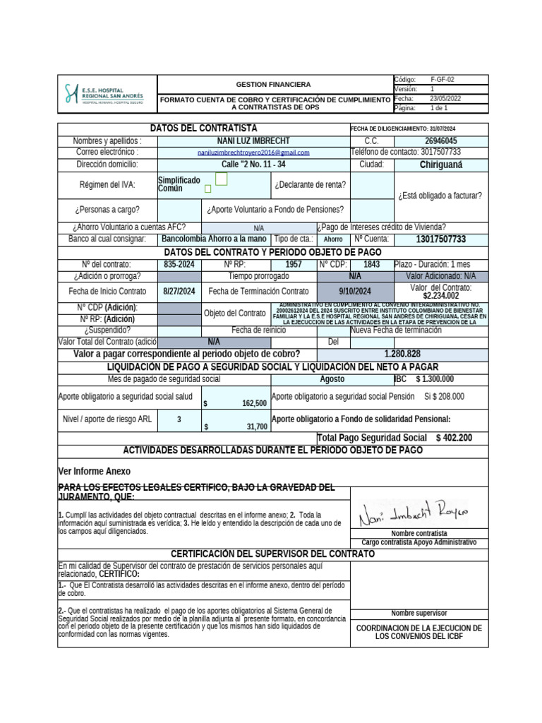 Gestion Financiera Formato Cuenta de Cobro Y Certificación de Cumplimiento A Contratistas de Ops ...