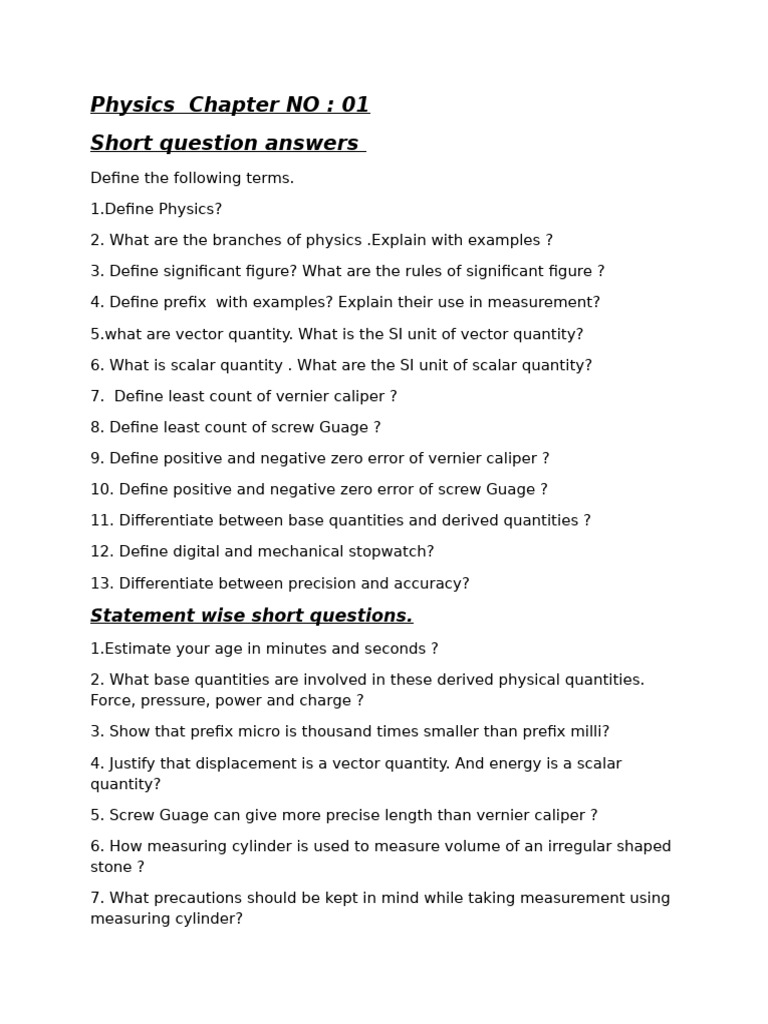 Physics Chapter NO: 01 Short Question Answers: Statement Wise Short Questions | PDF