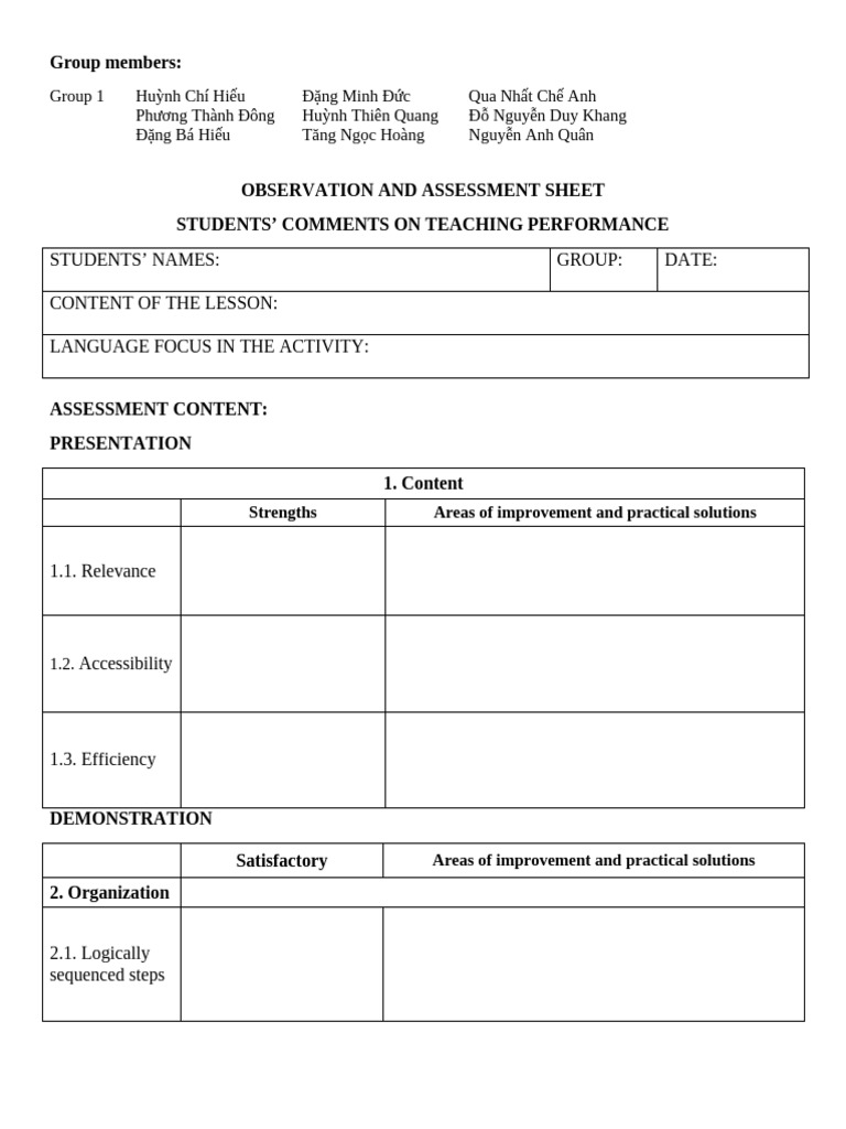 Revised - OBSERVATION AND ASSESSMENT SHEET - Students Handout | PDF