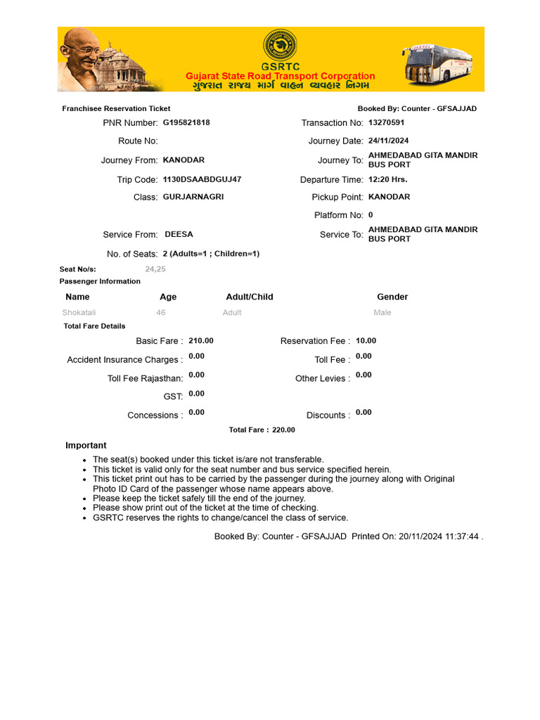 Ahmedabad Bus Ticket Details | PDF