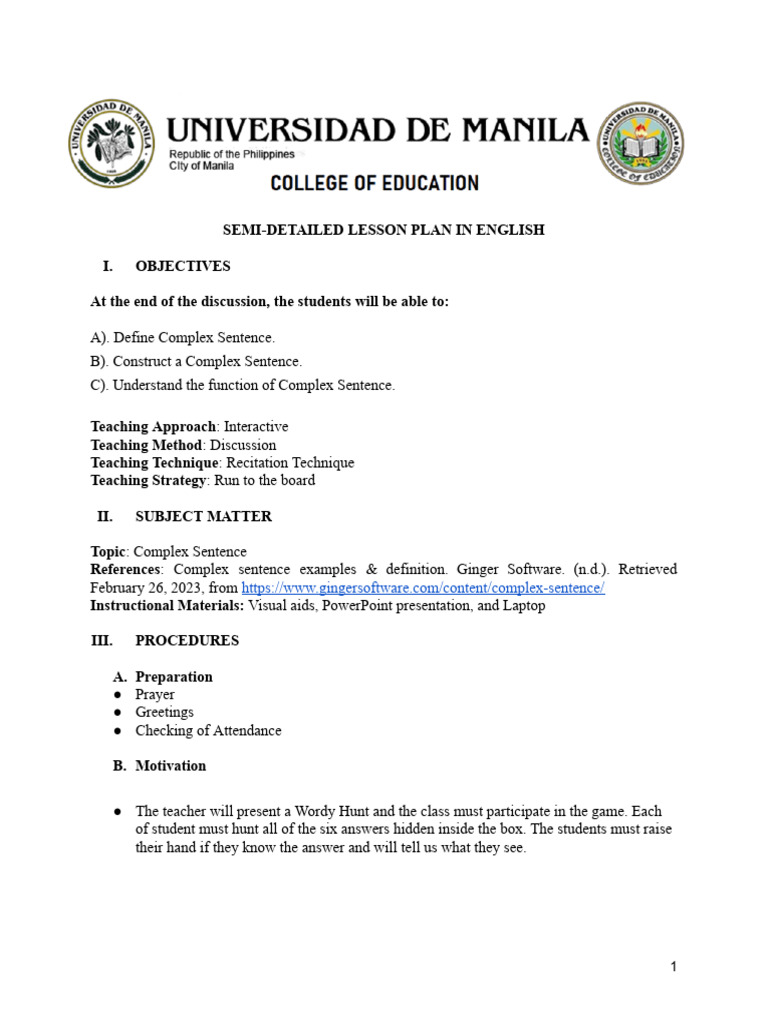 Semi Detailed Lesson Plan - Complex Sentence | PDF | Linguistic ...