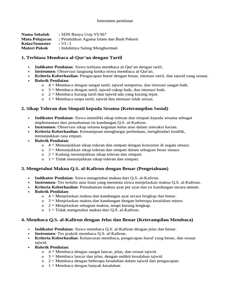 Instrumen Penilaian Bab 1 | PDF