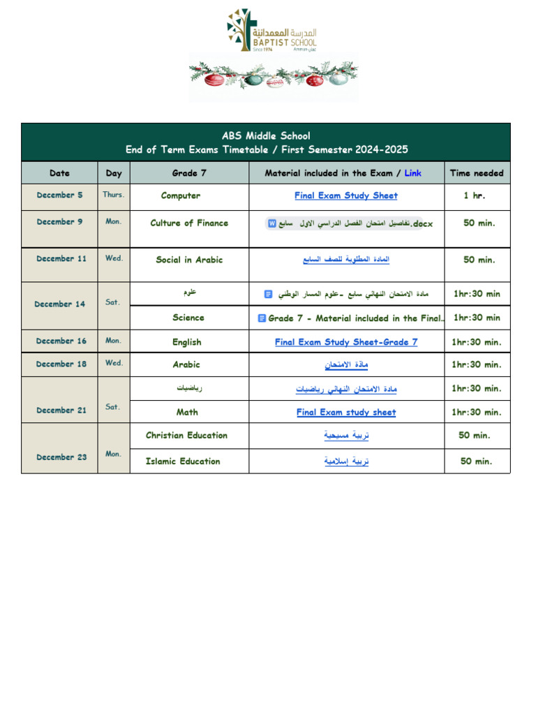 MS End of First Semester Exams 2024 - 2025 - Grade 7 | PDF