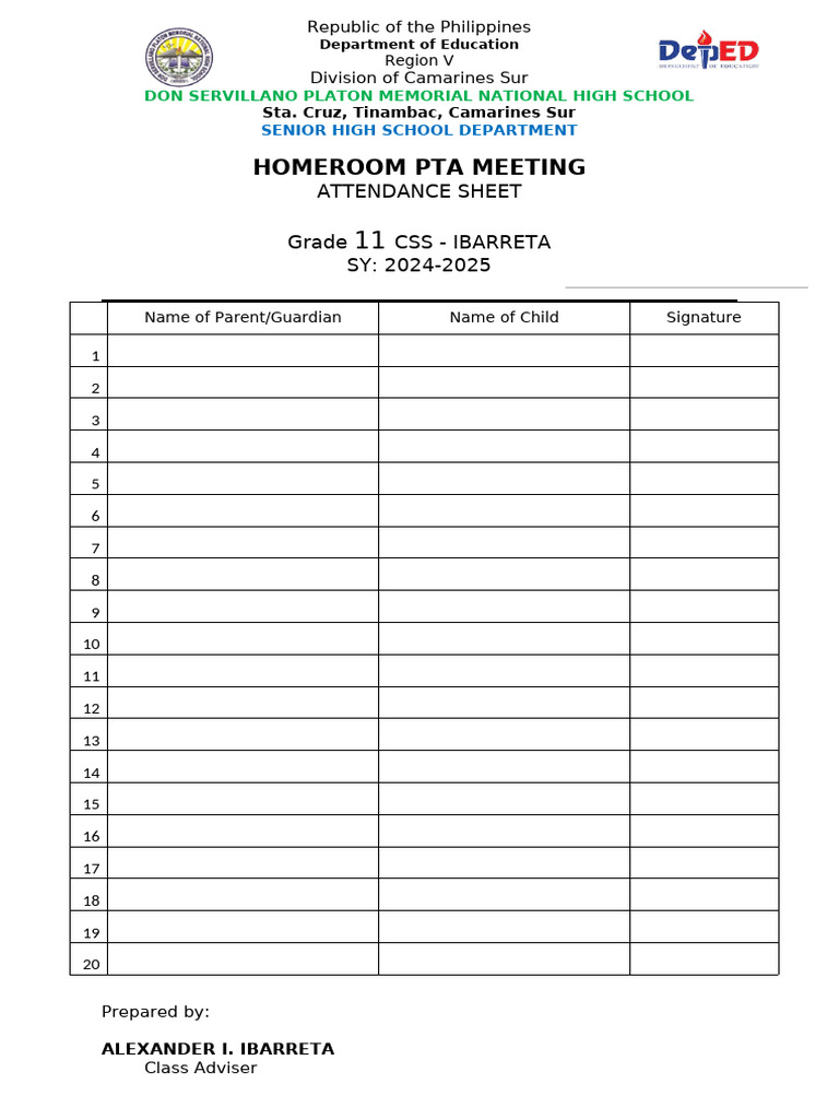 Homeroom PTA Meeting Attendance Sheet | PDF