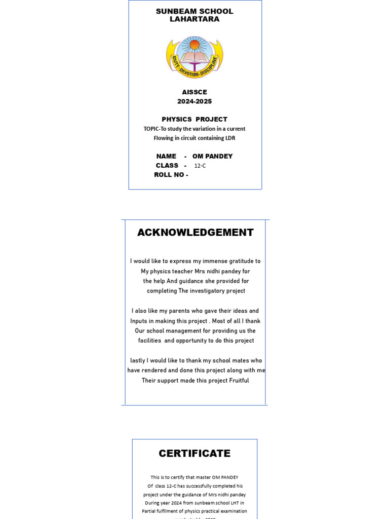 Aissce 2024-2025 Physics Project: TOPIC-To Study The Variation in A Current Flowing in Circuit ...