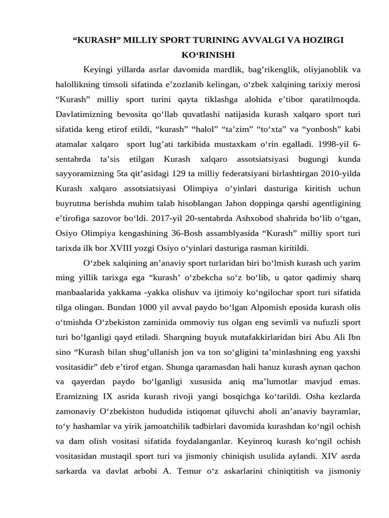 "Kurash" Milliy Sport Turining Avvalgi Va Hozirgi Ko Rinishi | PDF