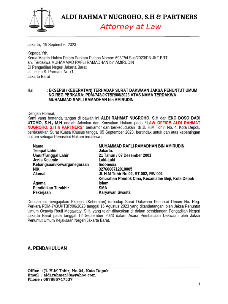 EKSEPSI NOTA KEBERATAN (MUHAMMAD RAFLI RAMADHAN) | PDF