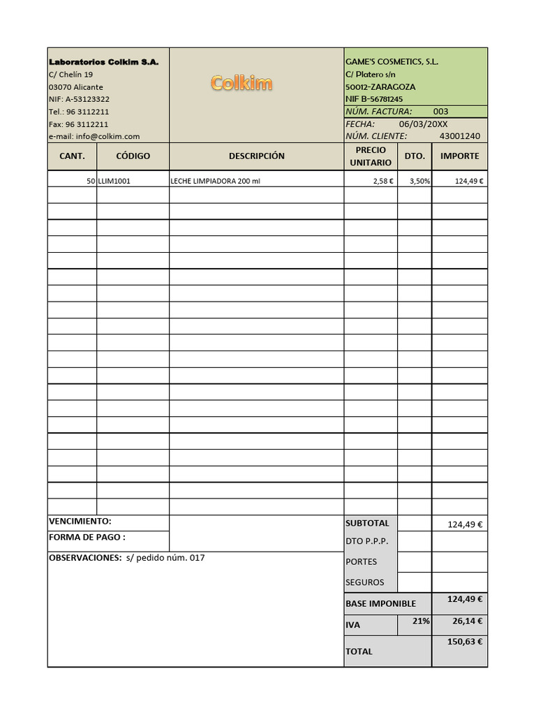 Factura de Compra - Colkim 200ml Leche Limpiadora | PDF