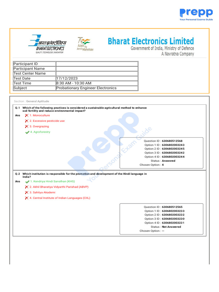 BEL Probationary Engineer Electronics Official Paper Held On 17 Dec ...