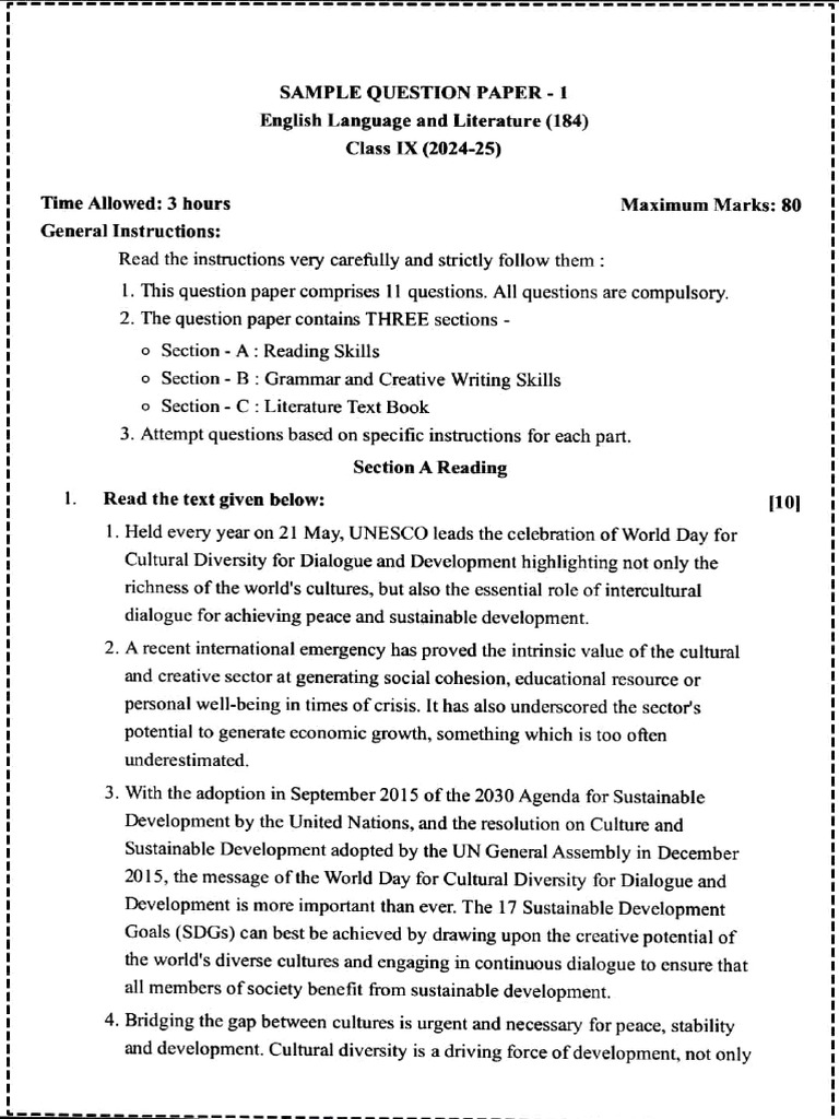 Sample Paper of English, Class 9th | PDF