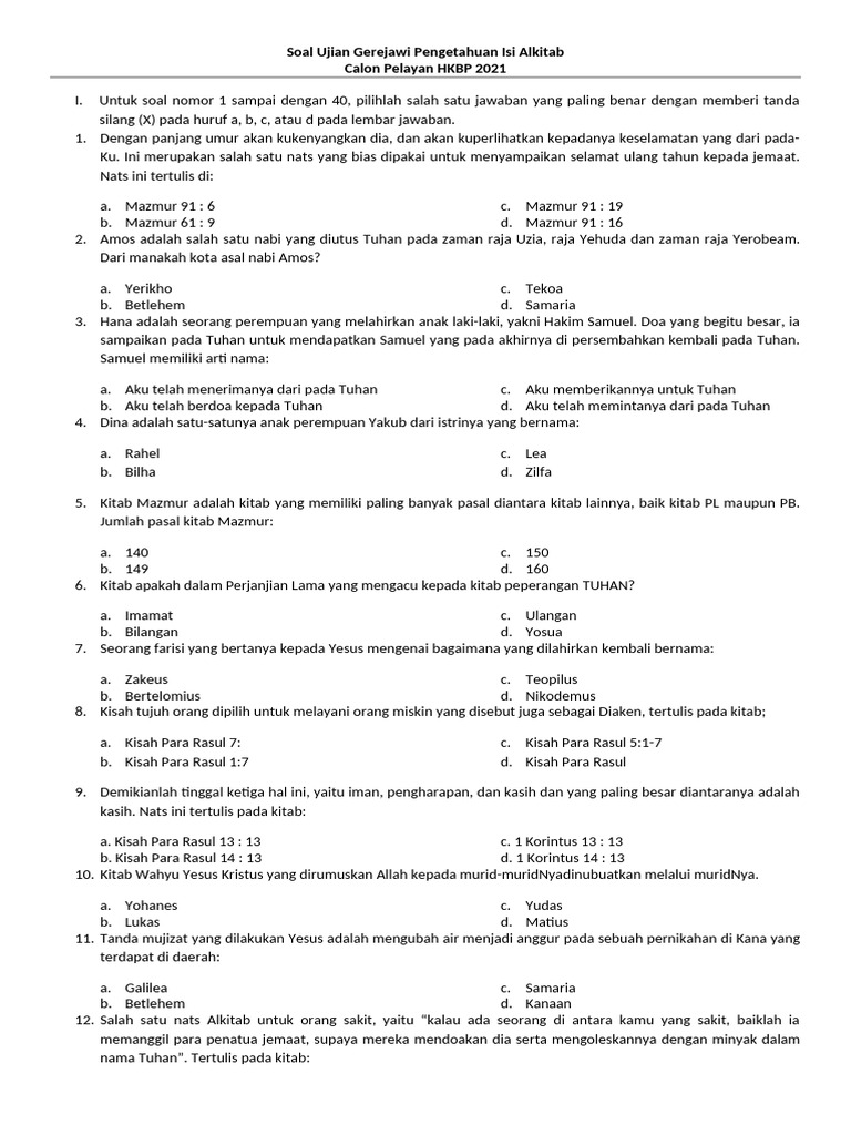 Soal Ujian Gerejawi Pengetahuan Isi Alkitab Tahun 2021 | PDF