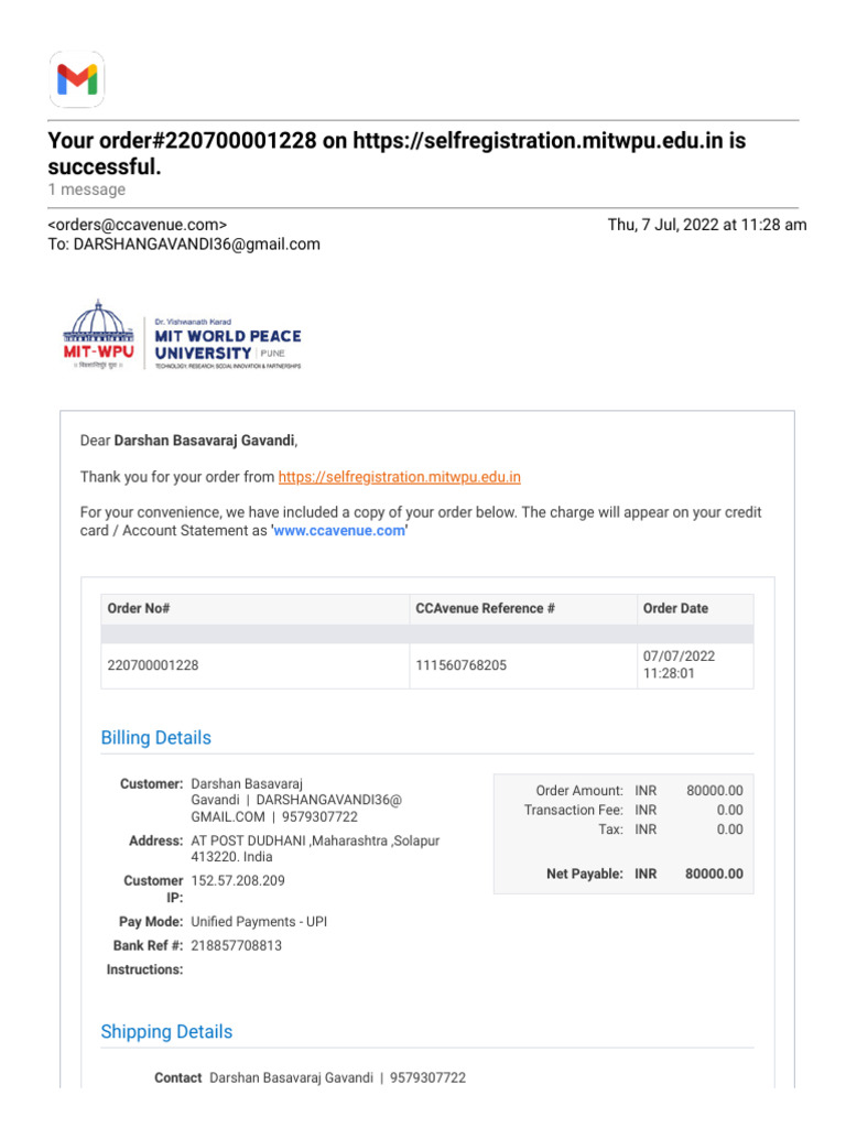 Gmail - Your Order#220700001228 On Https - Selfregistration - Mitwpu.edu - in Is Successful. | PDF