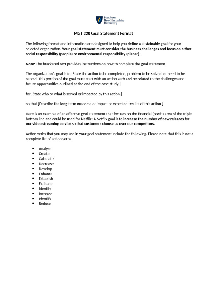 MGT 320 Goal Statement Format | PDF