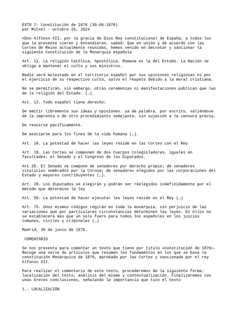 Constitución de 1876: Fundamentos y Contexto | PDF | Constitución | España