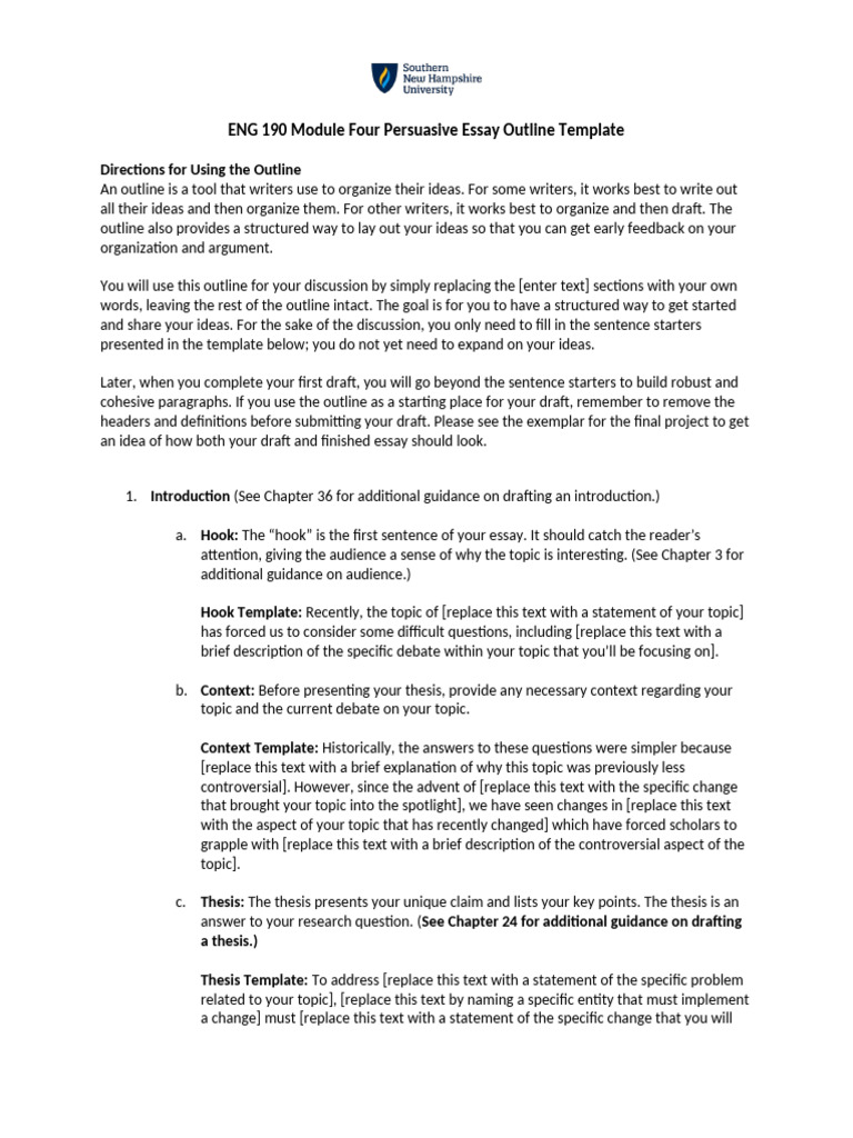 ENG 190 Module Four Persuasive Essay Outline Template | PDF | Essays ...