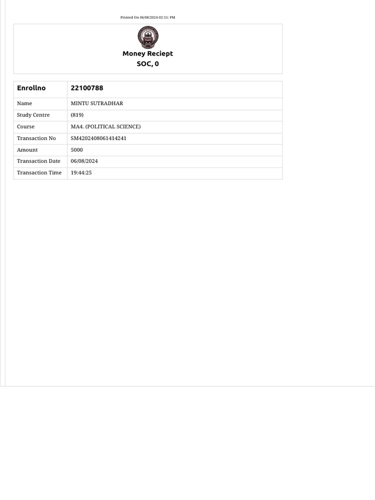 Mintu 4th Semester Money Receipt | PDF