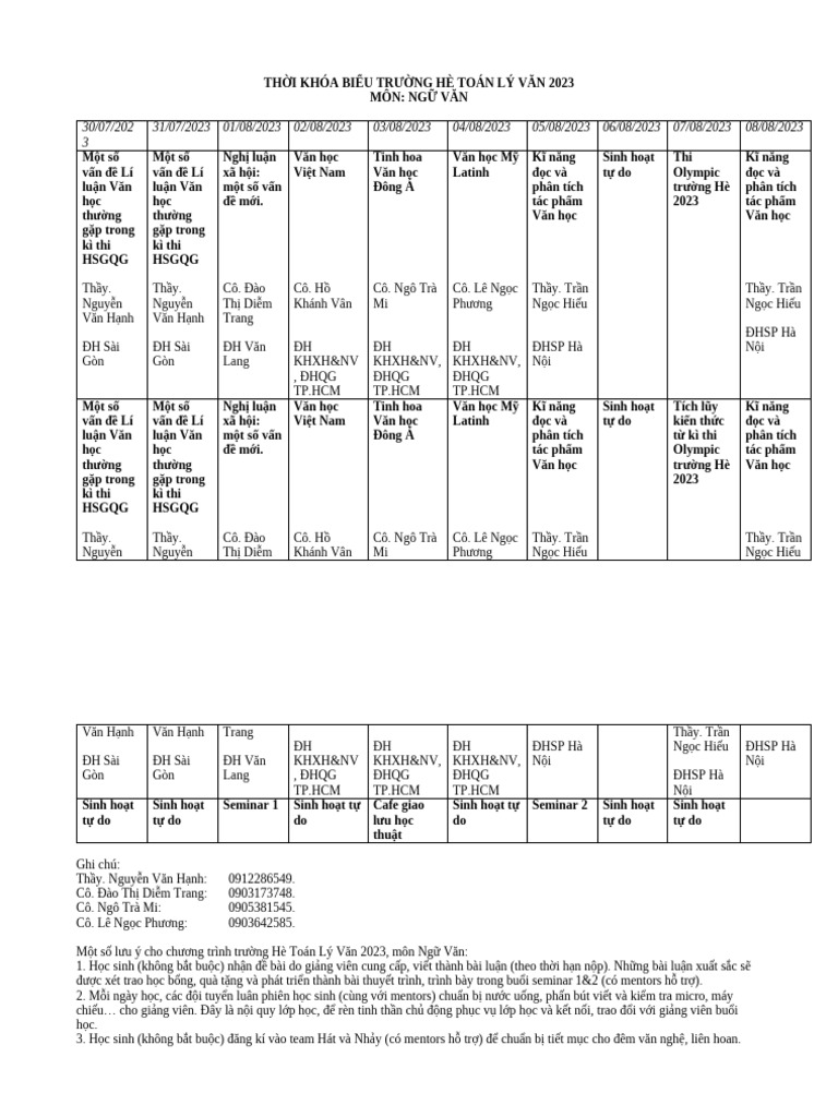 TKB Trường Hè 2023 | PDF