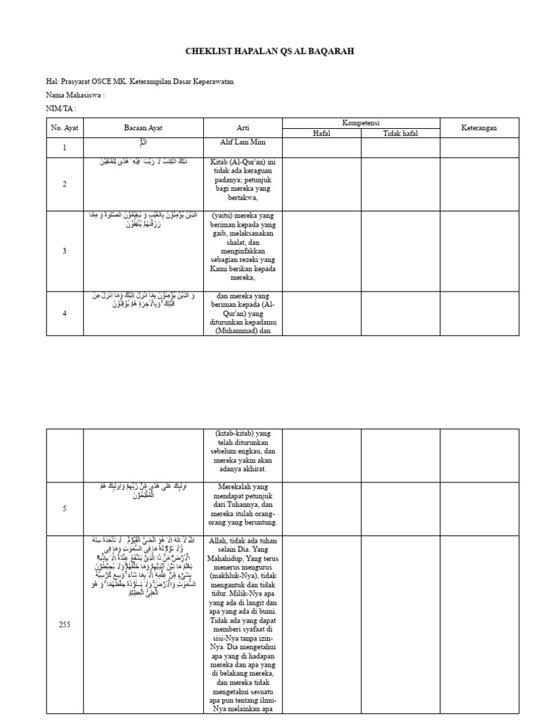 Checklist Hapalan QS Al-Baqarah 2 | PDF