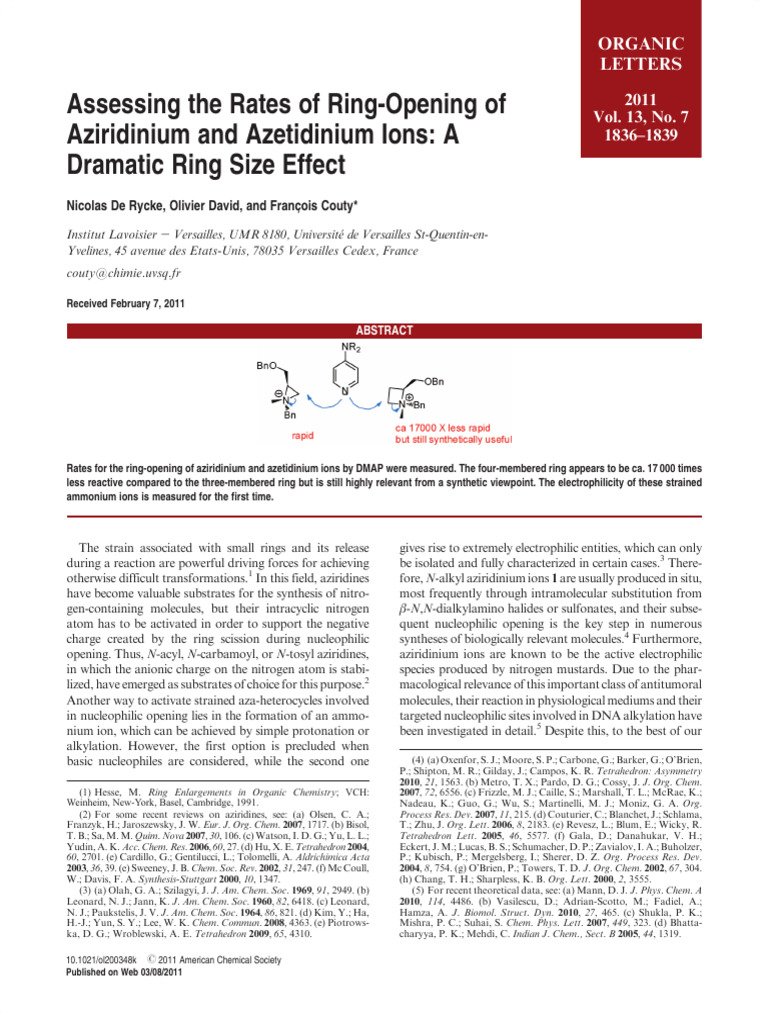 Assessing the Rates of Ring-Opening of Aziridinium and Azetidinium Ions ... Assessing the Rates of Ring-Opening of Aziridinium and Azetidinium Ions ...